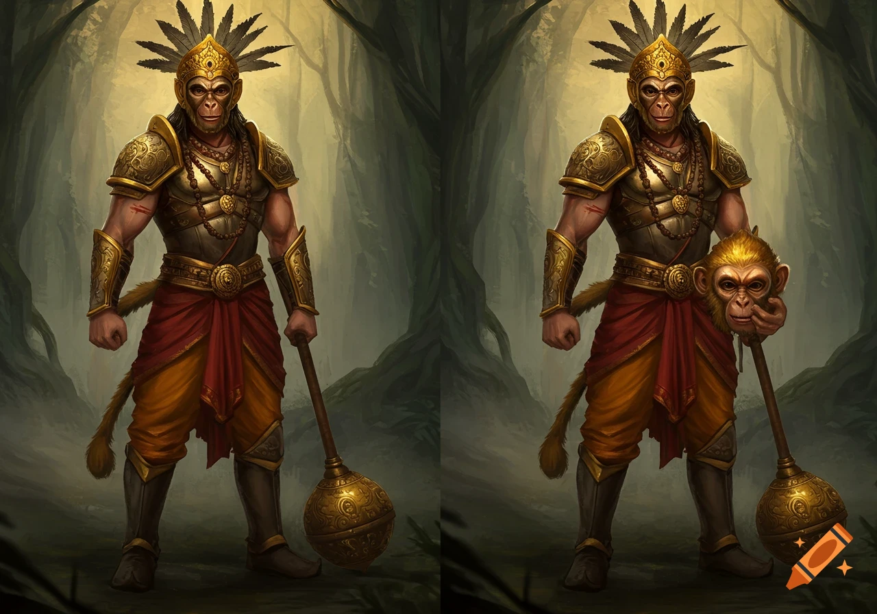 A dramatic diptych shows a powerful warrior in ornate gold armor and a ...