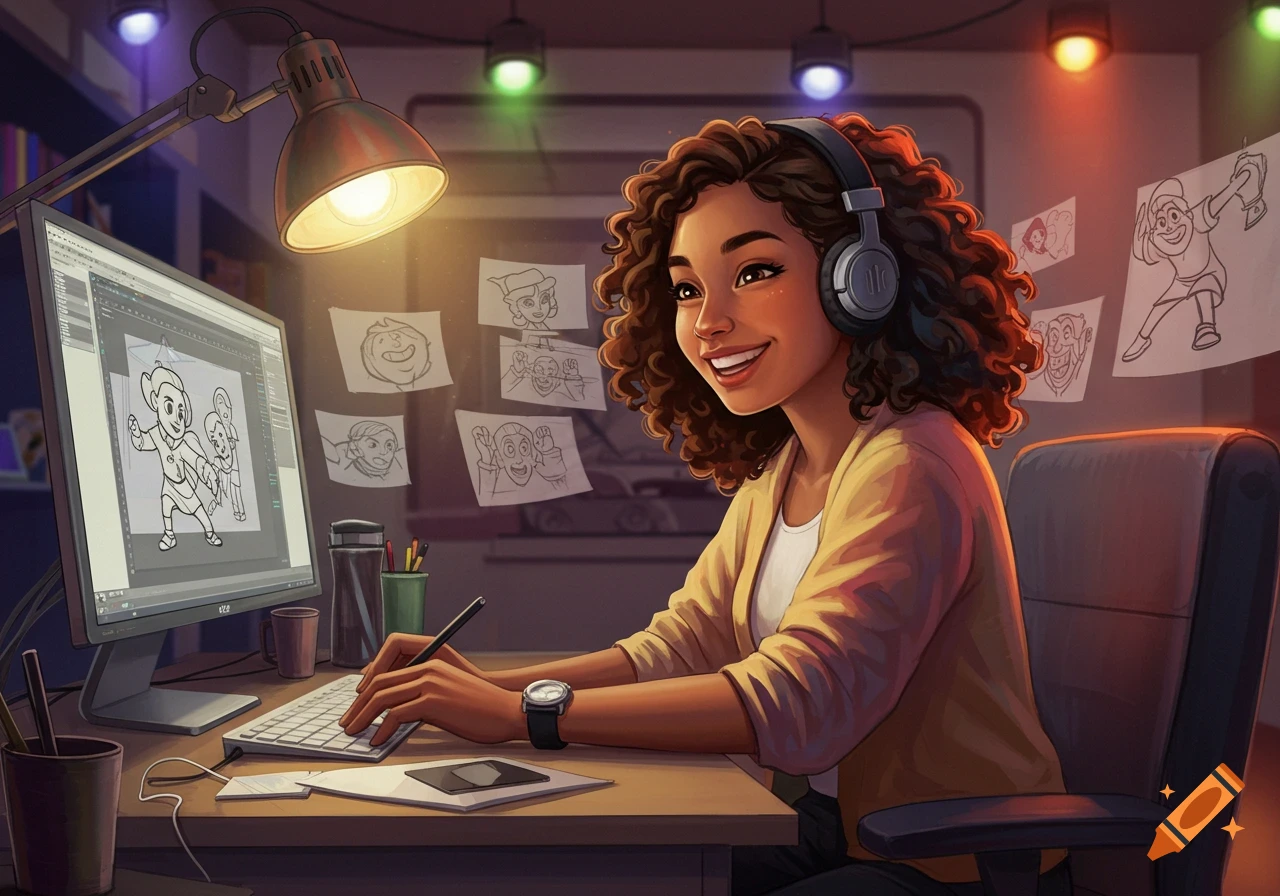 An animator works at a desk on a computer with sketches pinned on the ...