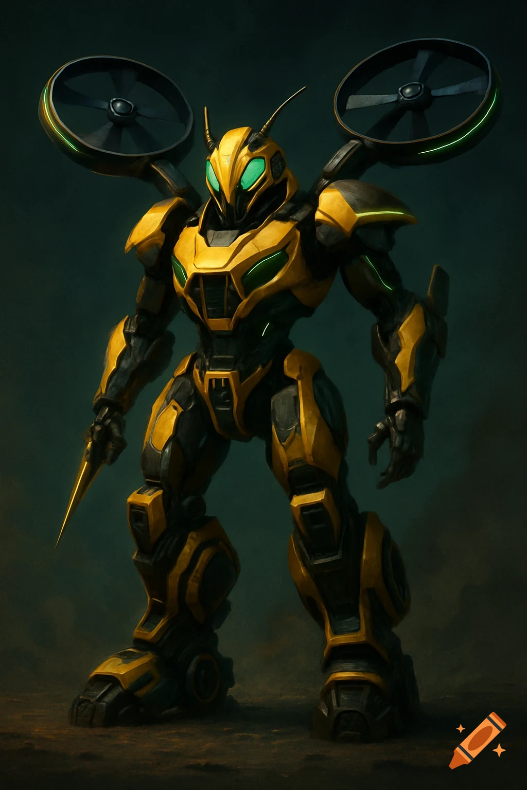 A yellow and black robotic transformer with drone propellers, glowing ...