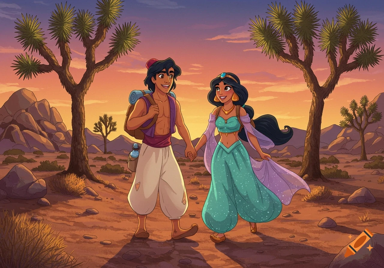 Cartoon of Aladdin and Princess Jasmine holding hands while hiking ...