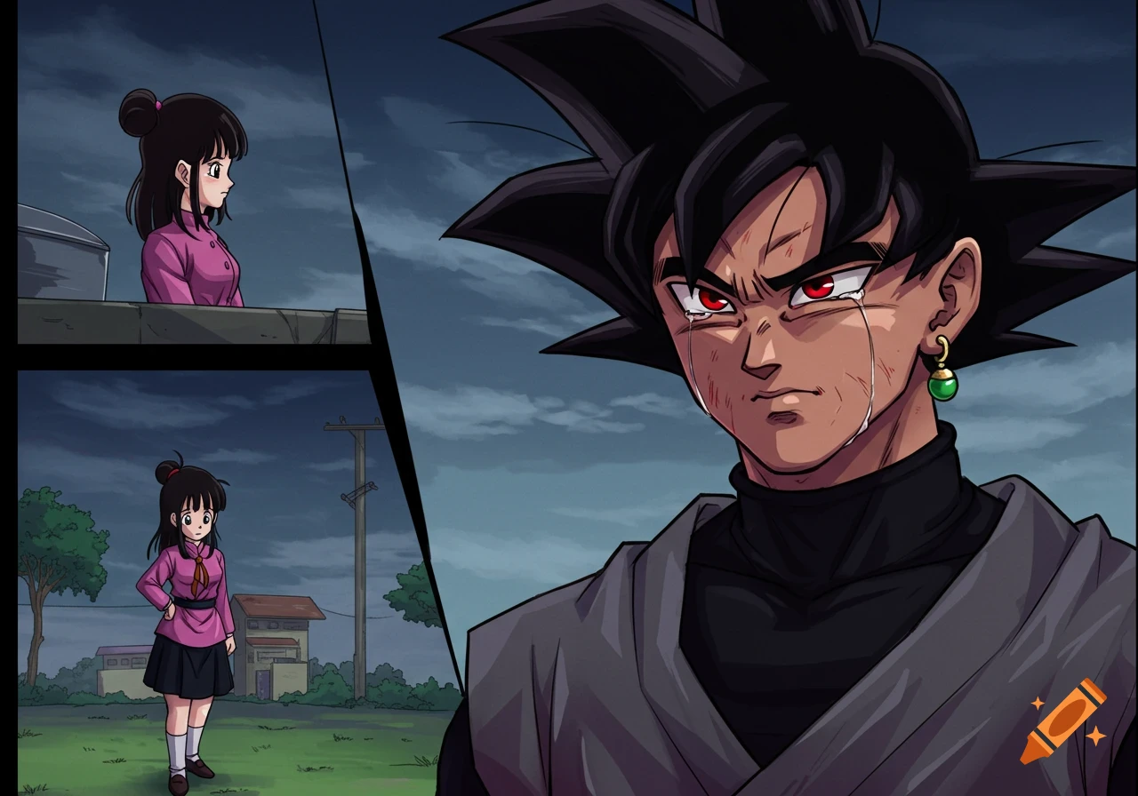 Anime style multi-panel image of Goku Black crying while looking at ...