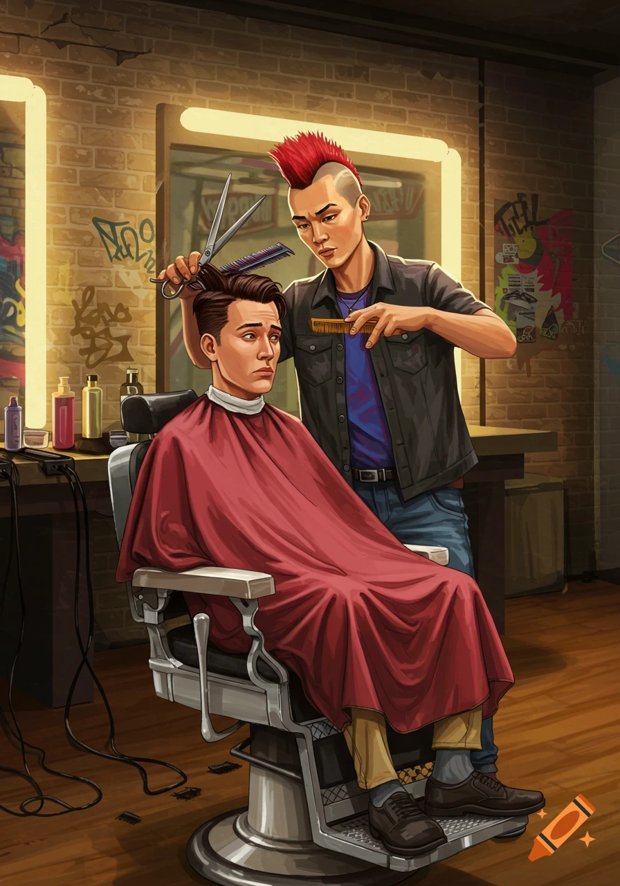 A barber with a red mohawk gives a man a haircut in a stylized ...