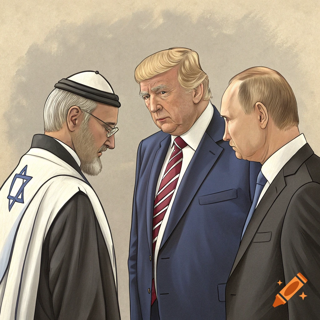 Illustration of a rabbi, Donald Trump, and Vladimir Putin standing ...