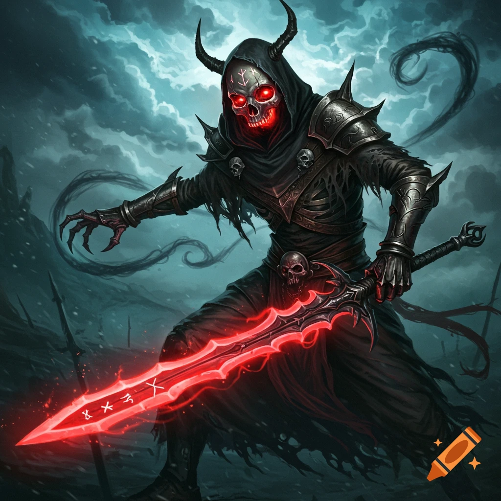 Dark fantasy skeletal figure with glowing eyes and horns, holding a red ...