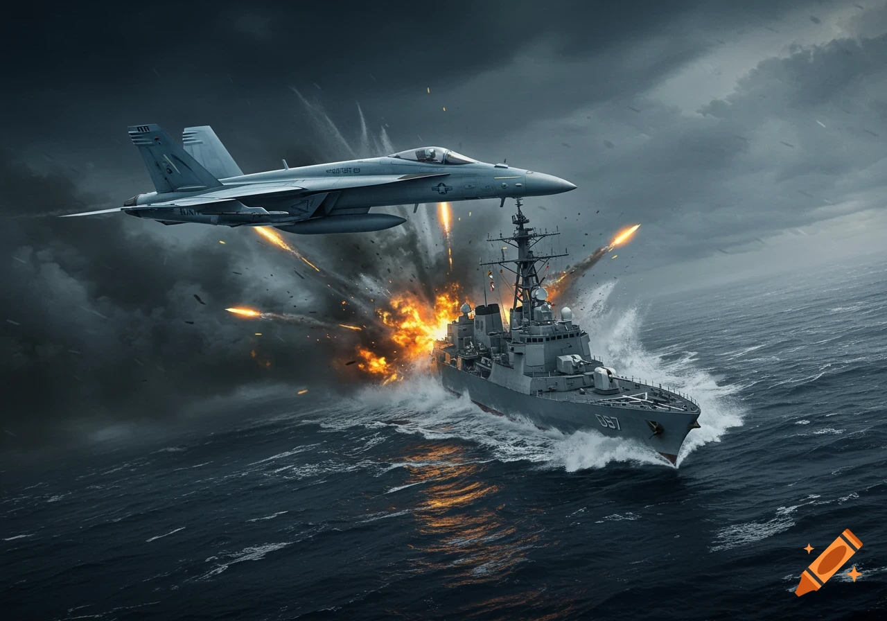 A military fighter jet flies low over a warship exploding in a dark ...