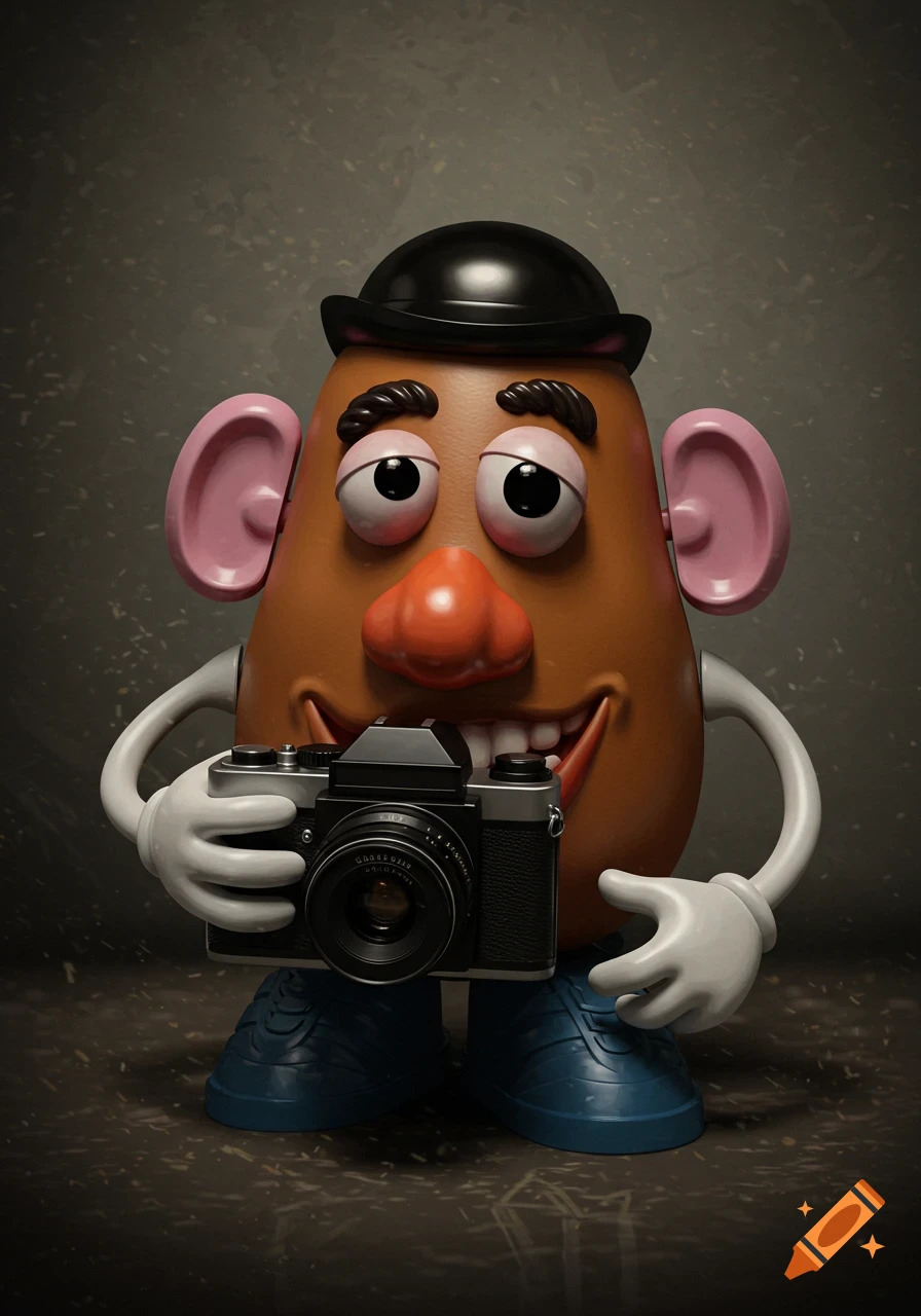 Creepy Mr. Potato Head toy holding a camera in a moody setting ...