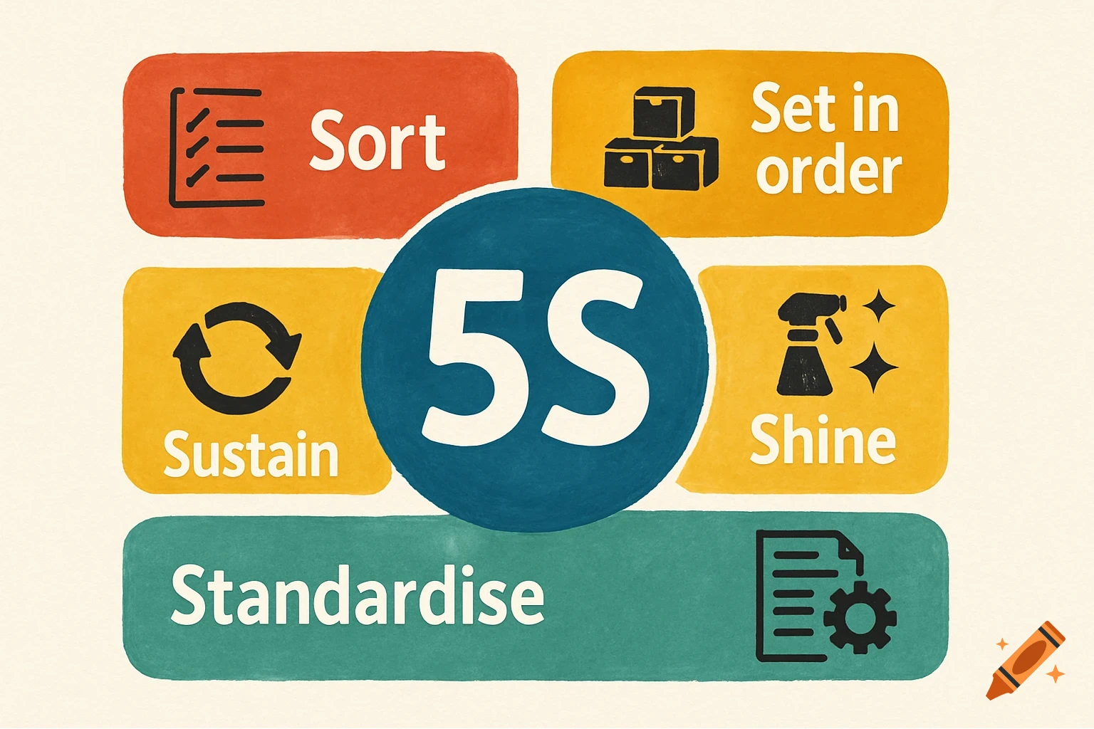 Diagram illustrating the 5S method: Sort, Set in order, Shine, Sustain ...