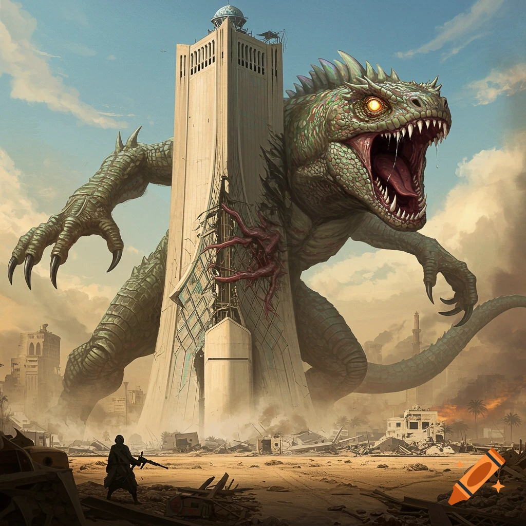 A giant lizard monster attacks a tall tower in a ruined city as a ...