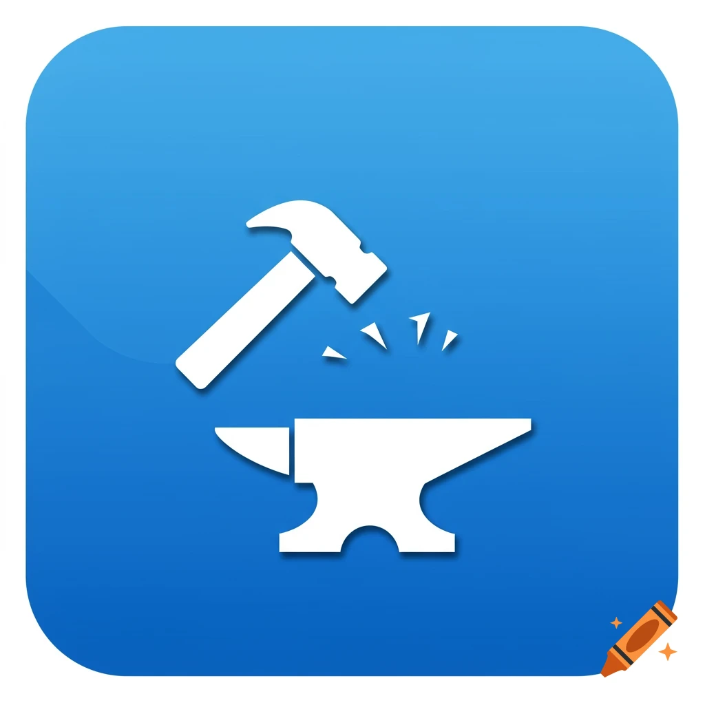 Simple icon of a white hammer striking a white anvil on a blue background with rounded corners ...