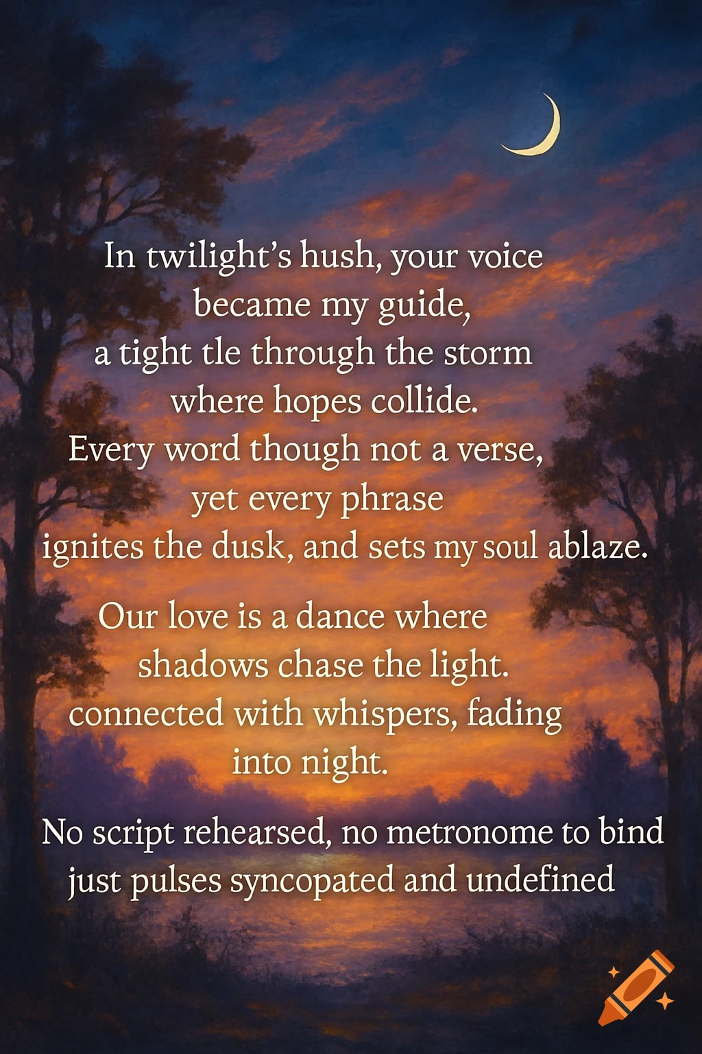 A poem about love and twilight set against a painting of a sunset sky ...