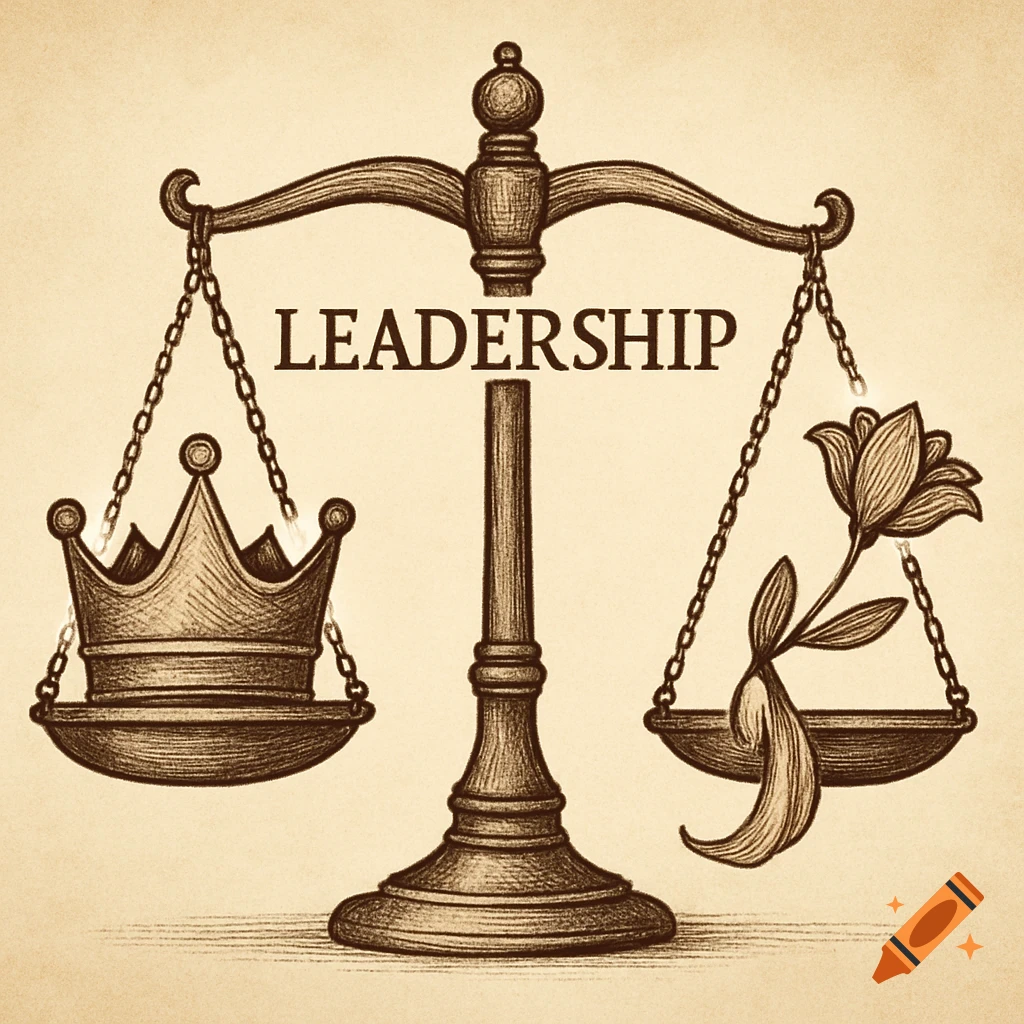 A sketch of a balance scale with a crown on one side and a flower on ...