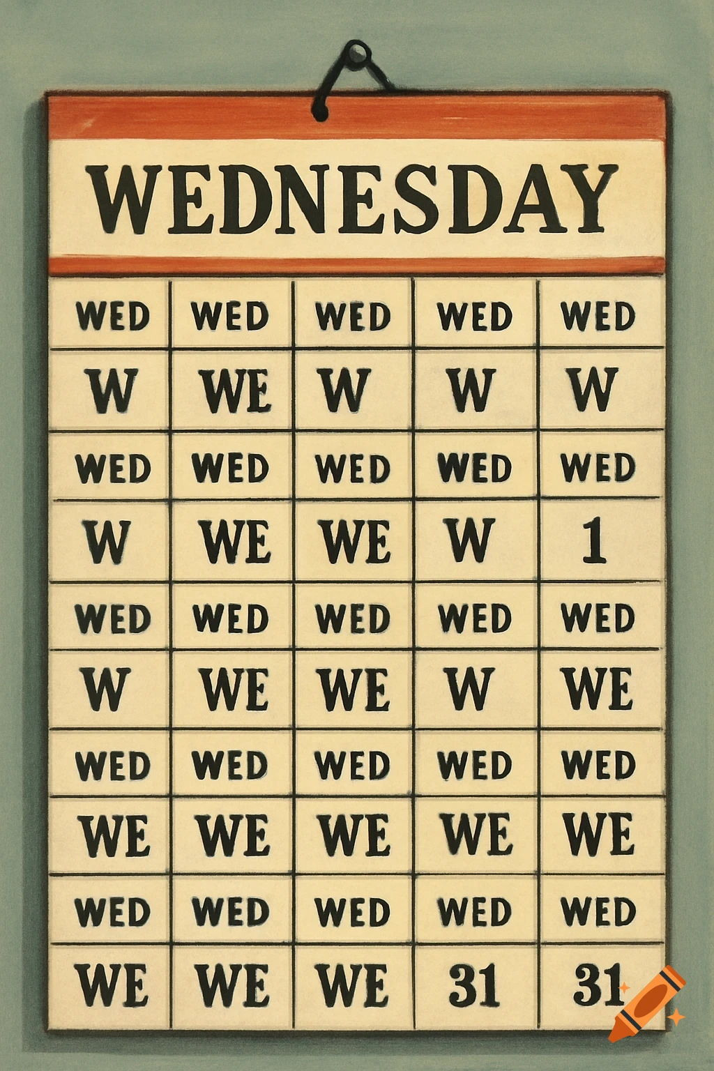 An illustrated calendar with 'WEDNESDAY' at the top and a grid of days ...
