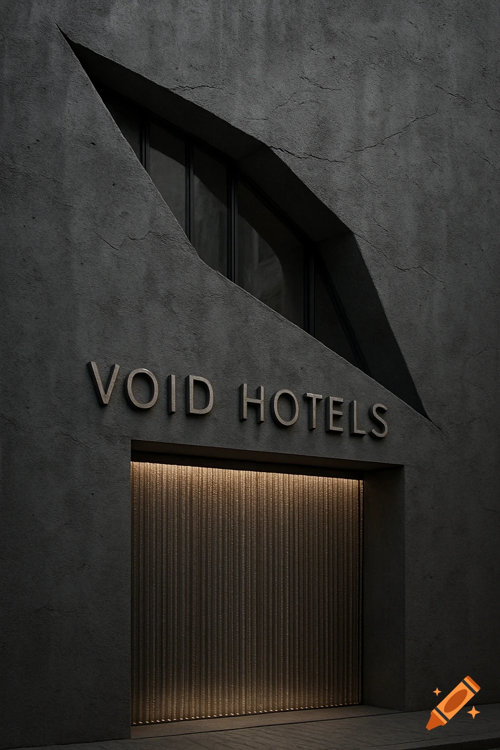 Dark, brutalist-style hotel exterior with 'VOID HOTELS' sign and ...