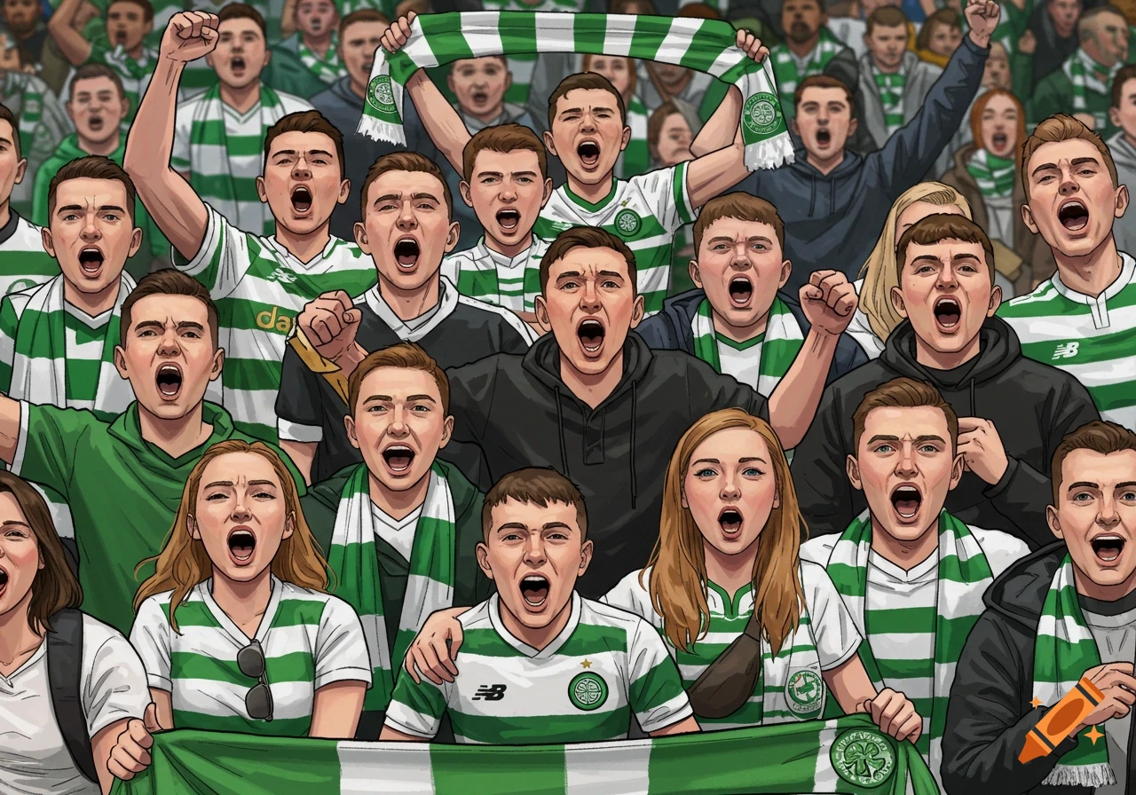 An energetic cartoon illustration of a large crowd of Celtic football ...