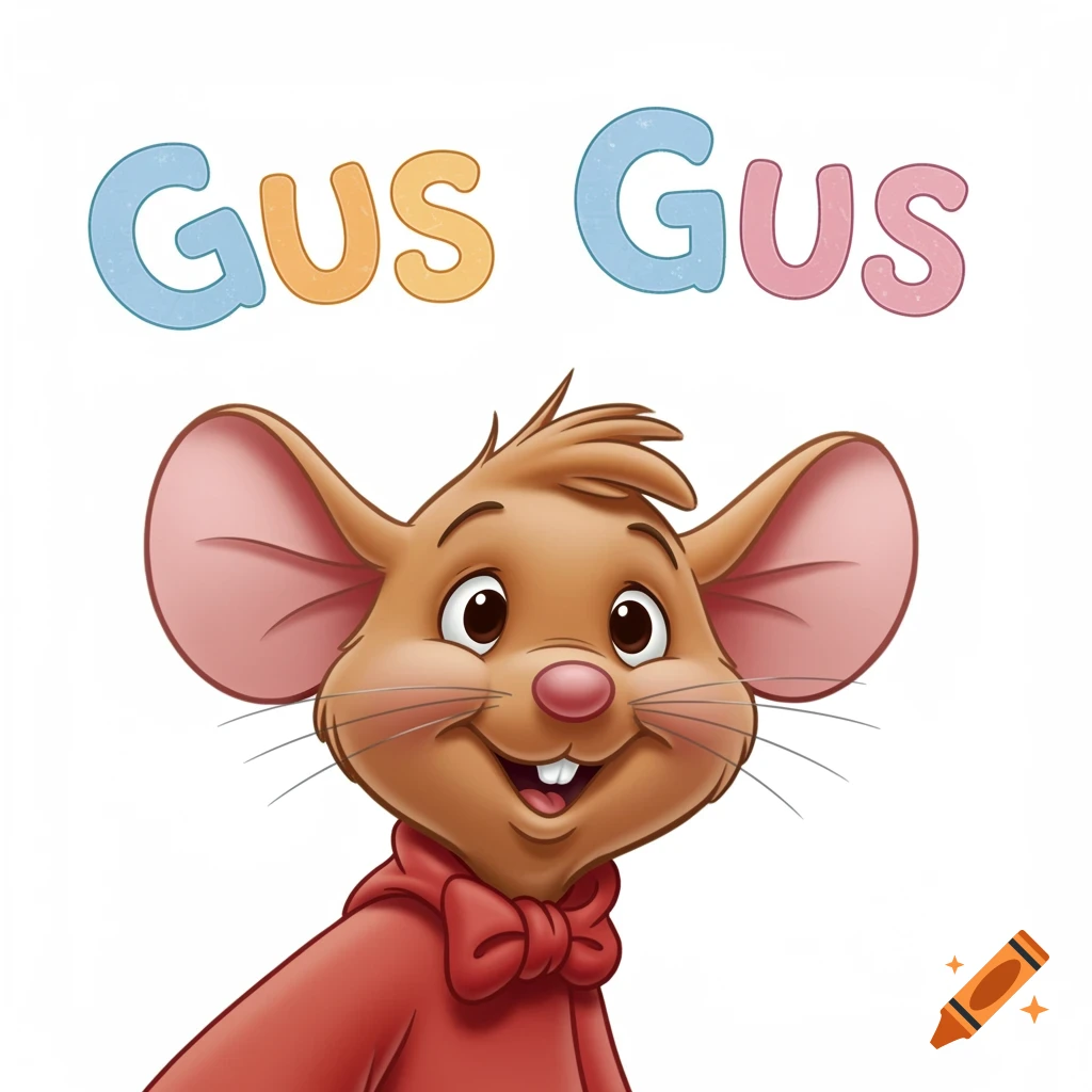 Close-up of Gus Gus the brown mouse in a red shirt, smiling, with 'GUS ...