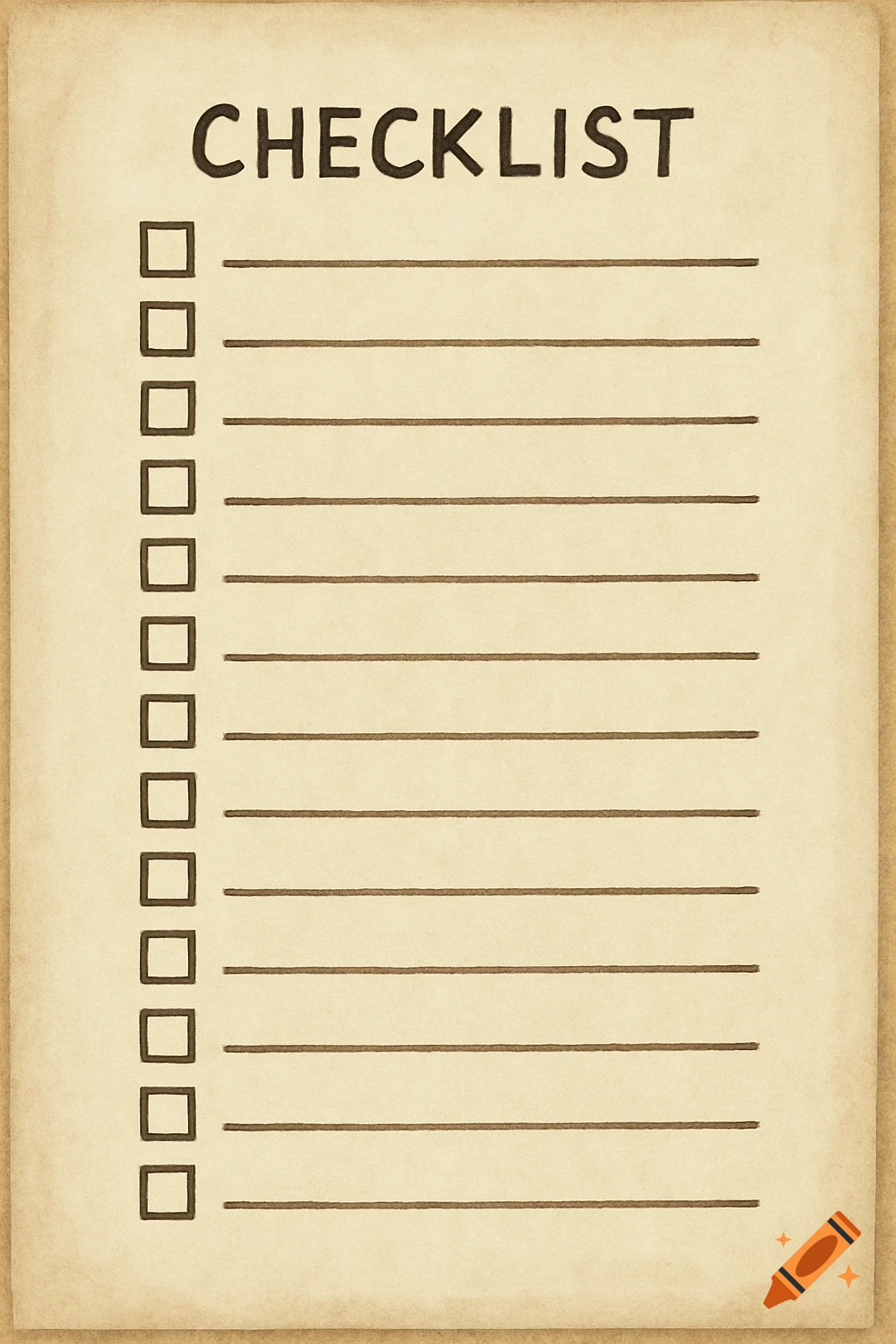 An empty checklist with checkboxes and lines on aged, textured paper ...