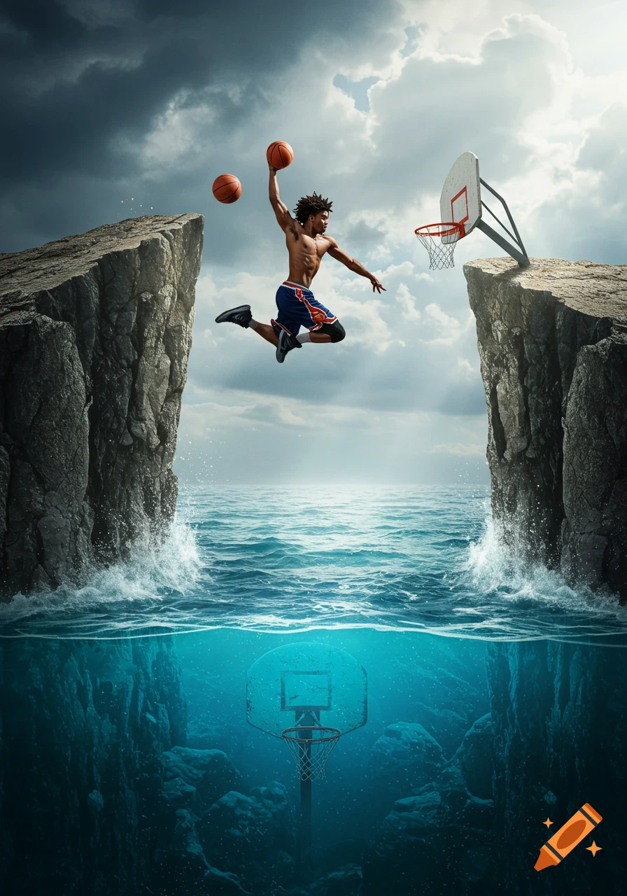 A shirtless man leaps between two cliffs over the ocean, holding a ...