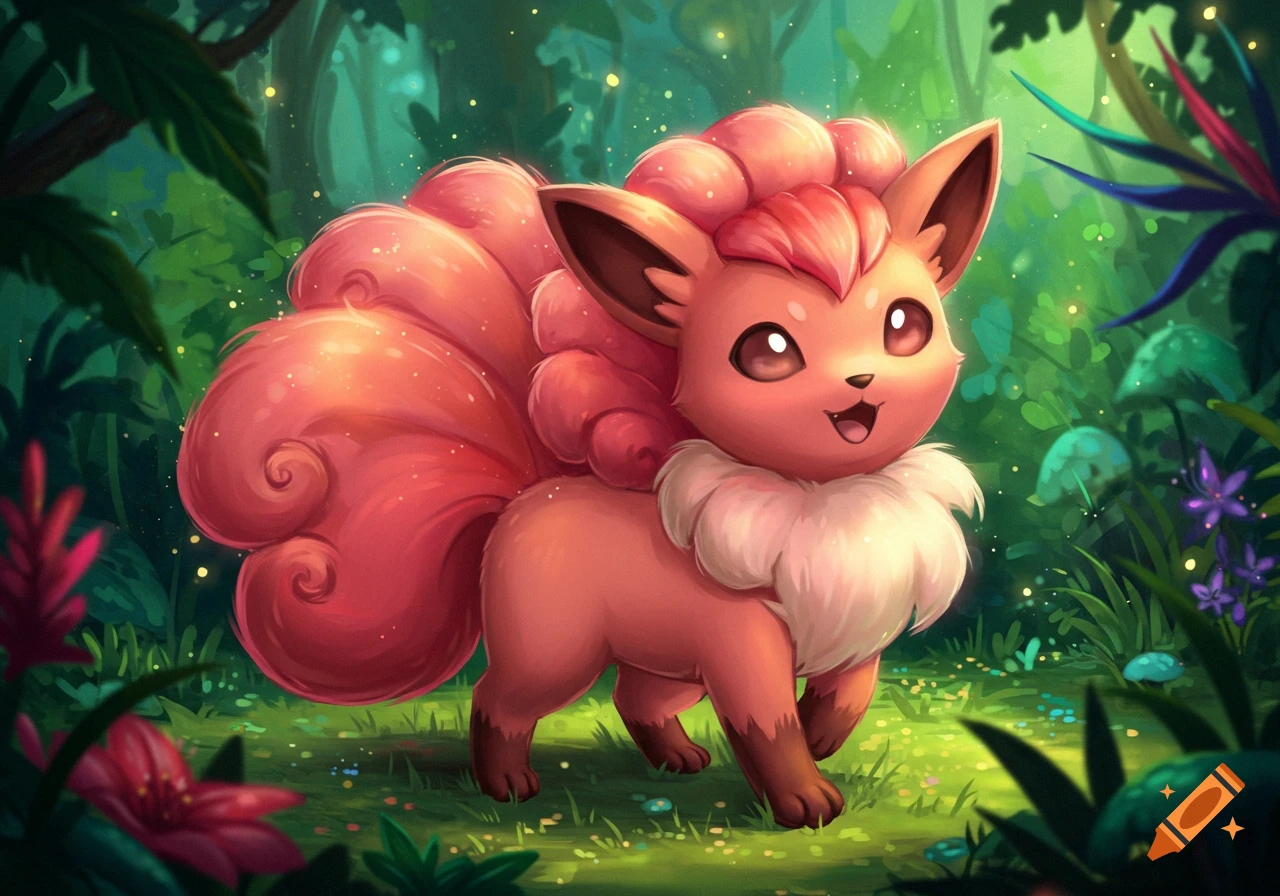 A cute Vulpix with fluffy orange fur and a large curled tail stands in ...