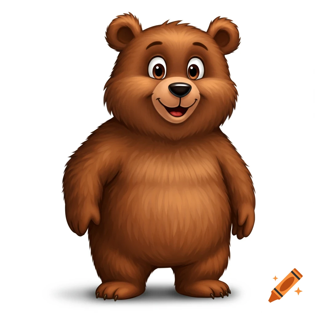 A friendly, smiling brown cartoon bear standing against a white ...