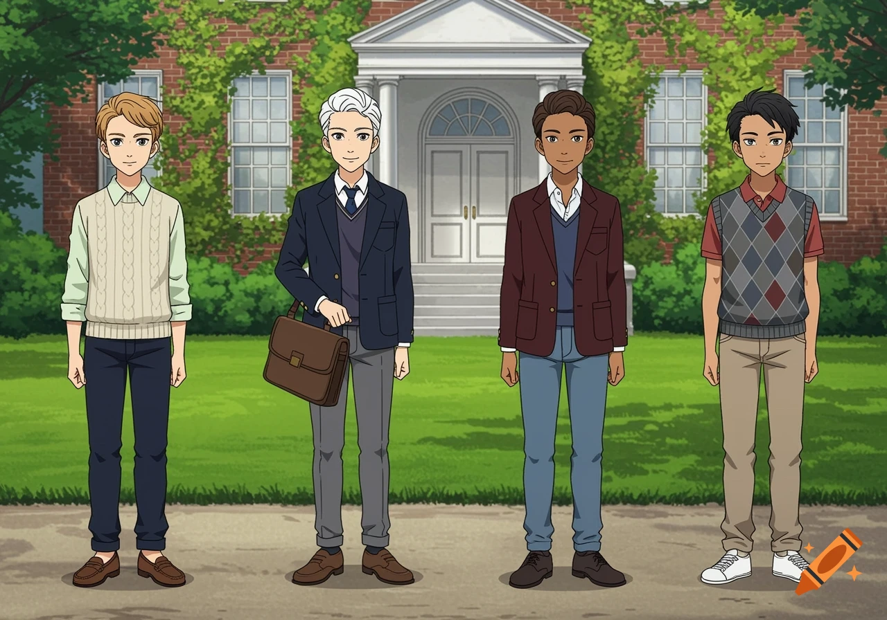 Four anime boys in various preppy outfits stand in a row on a lawn in ...