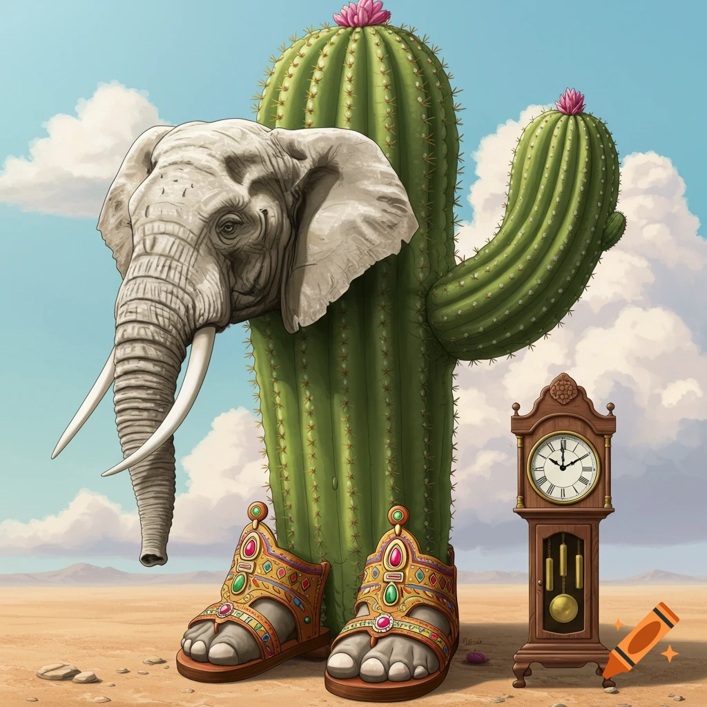 A surreal elephant-cactus hybrid wearing sandals stands next to a ...