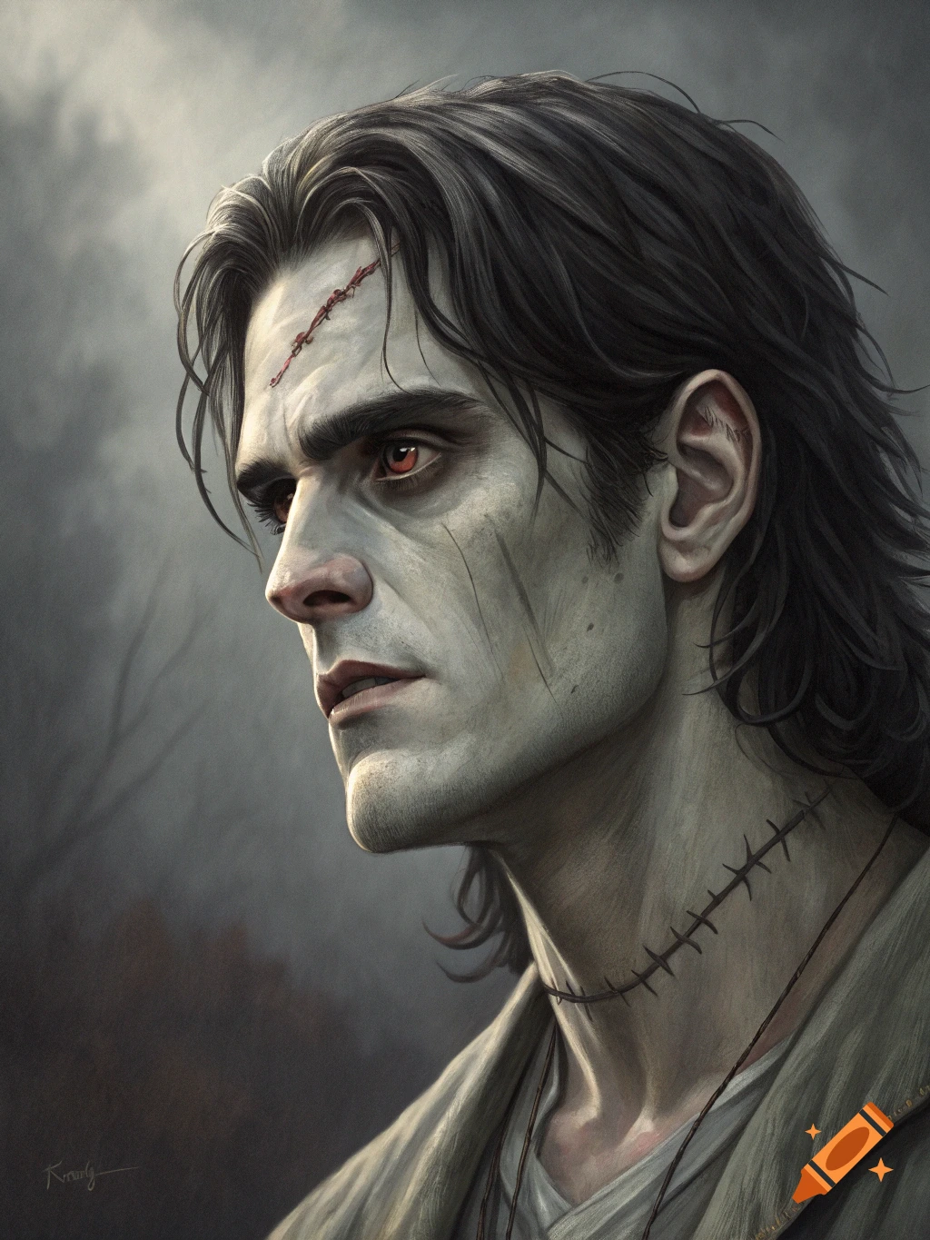 A photorealistic close-up portrait of a pale, somber Frankenstein's ...