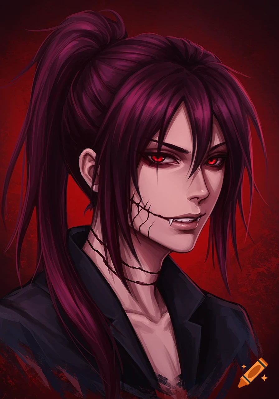 Anime boy with long dark red hair, red eyes, fangs, and stylized facial ...