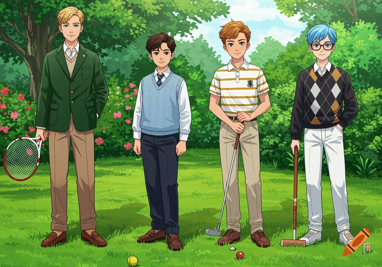 Four preppy anime boys on a sunny green lawn with sports equipment. on ...