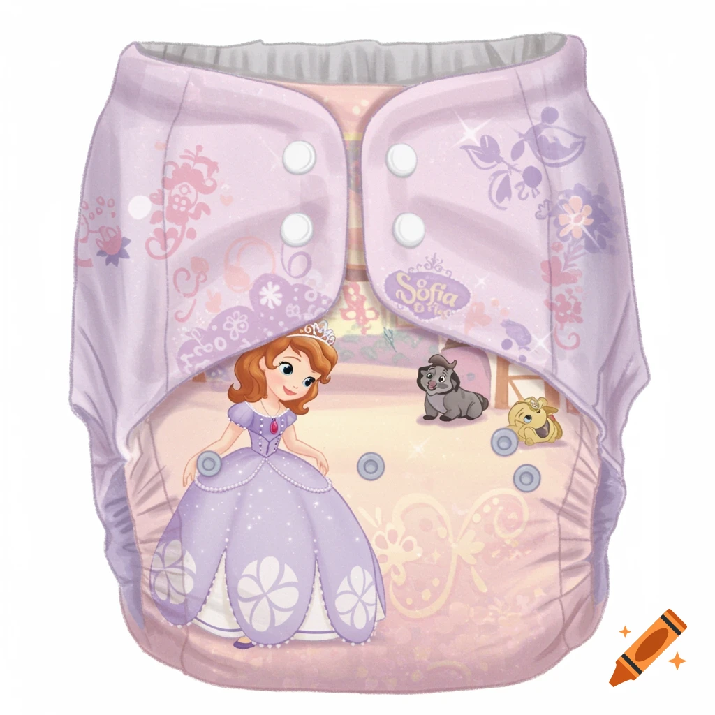 A Pastel Purple And Pink Pull Ups Diaper With An Illustration Of Sofia
