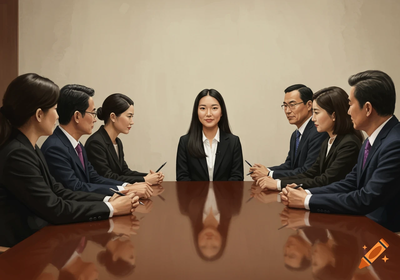 A young woman sits at a large table, facing a panel of six business ...