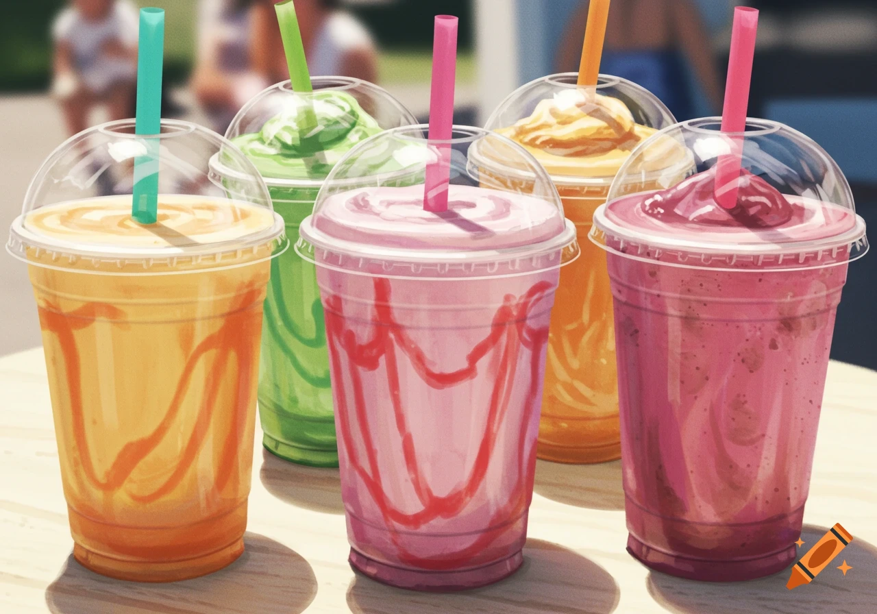 Five colorful milkshakes and smoothies in plastic cups with dome lids ...