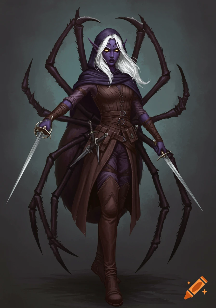 A purple-skinned drow elf with white hair, wearing a cloak and armor ...