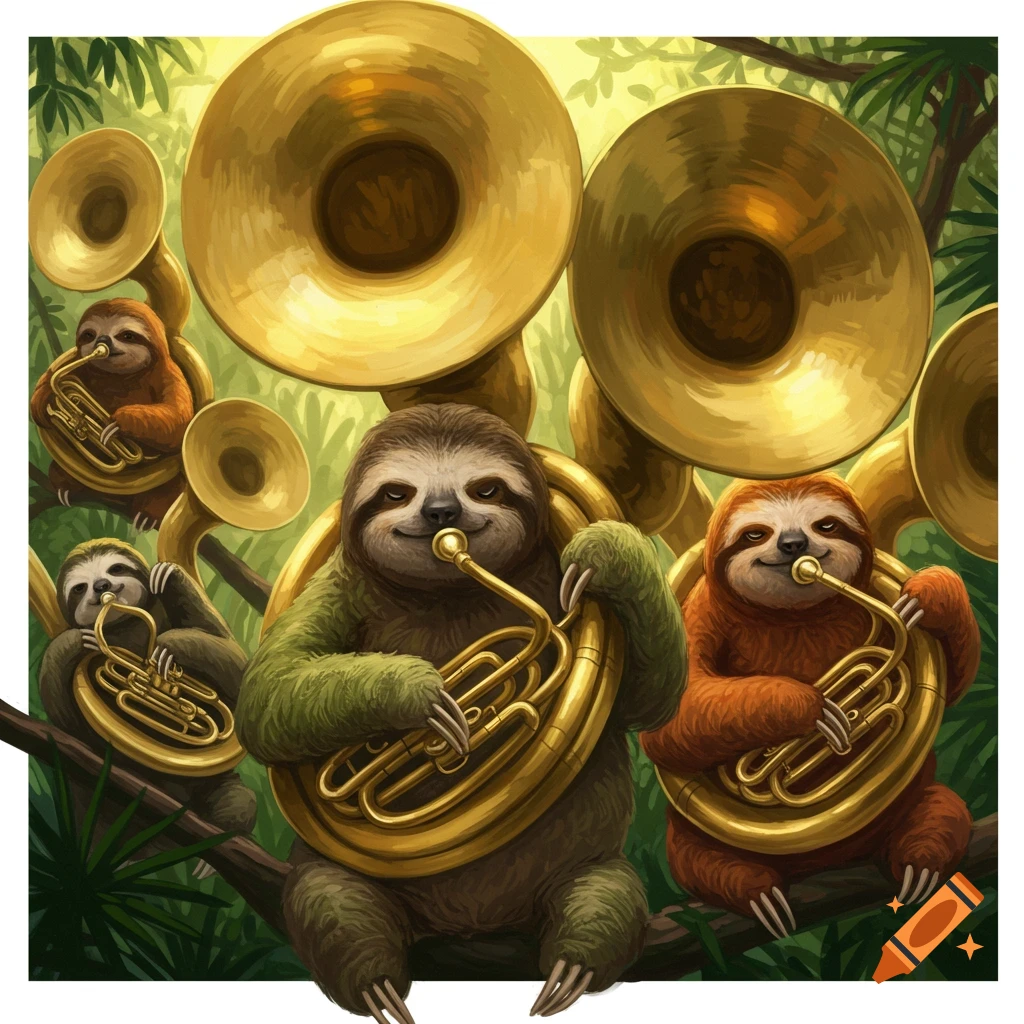 Several adorable sloths play brass instruments in a lush green jungle ...
