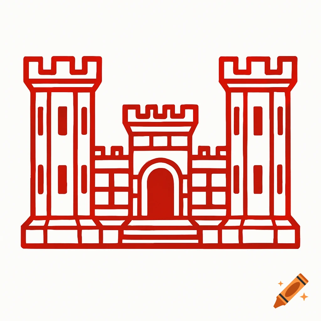 A red outline of a stylized castle, which is the United States Army ...