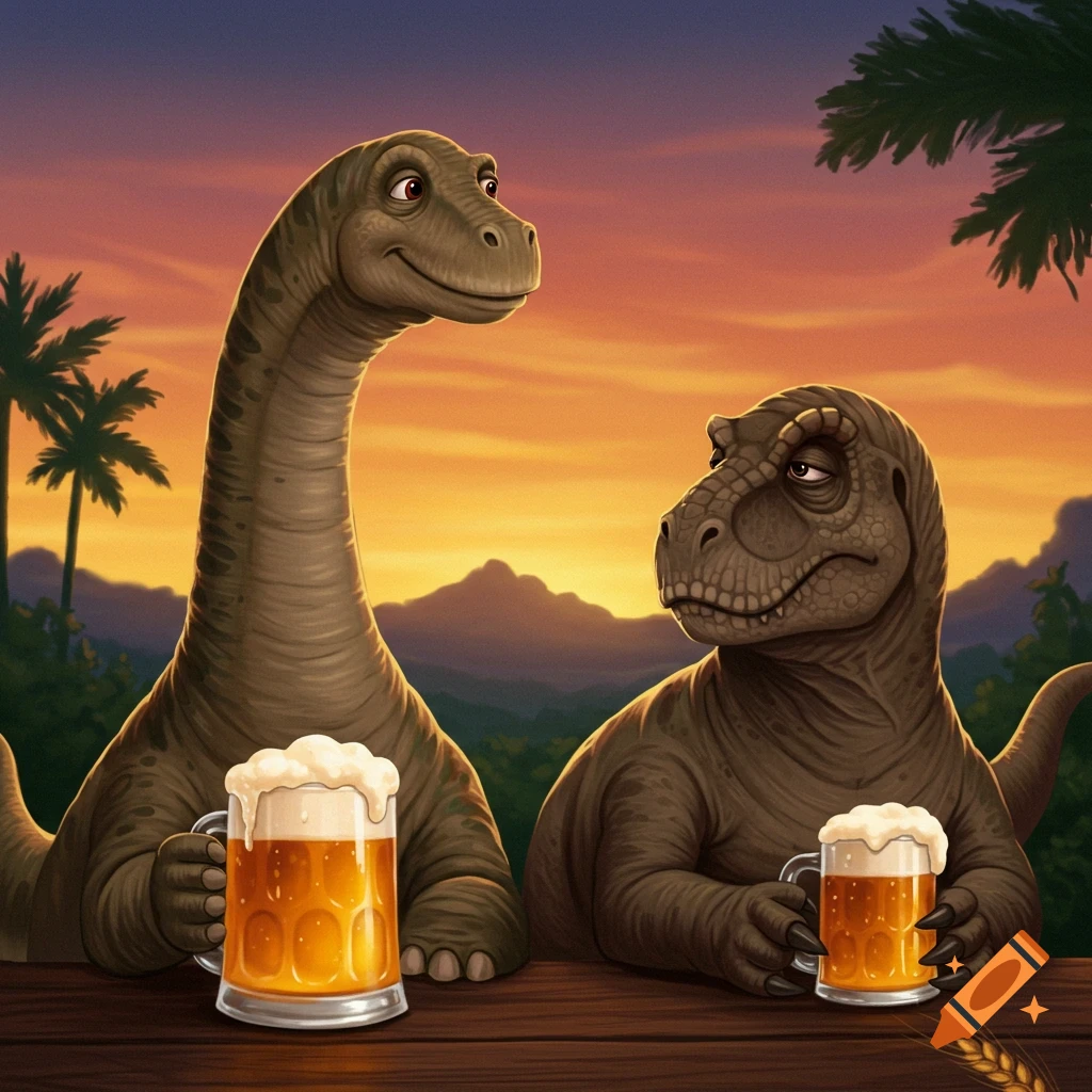A cartoon brontosaurus and Tyrannosaurus rex share beers at a wooden ...