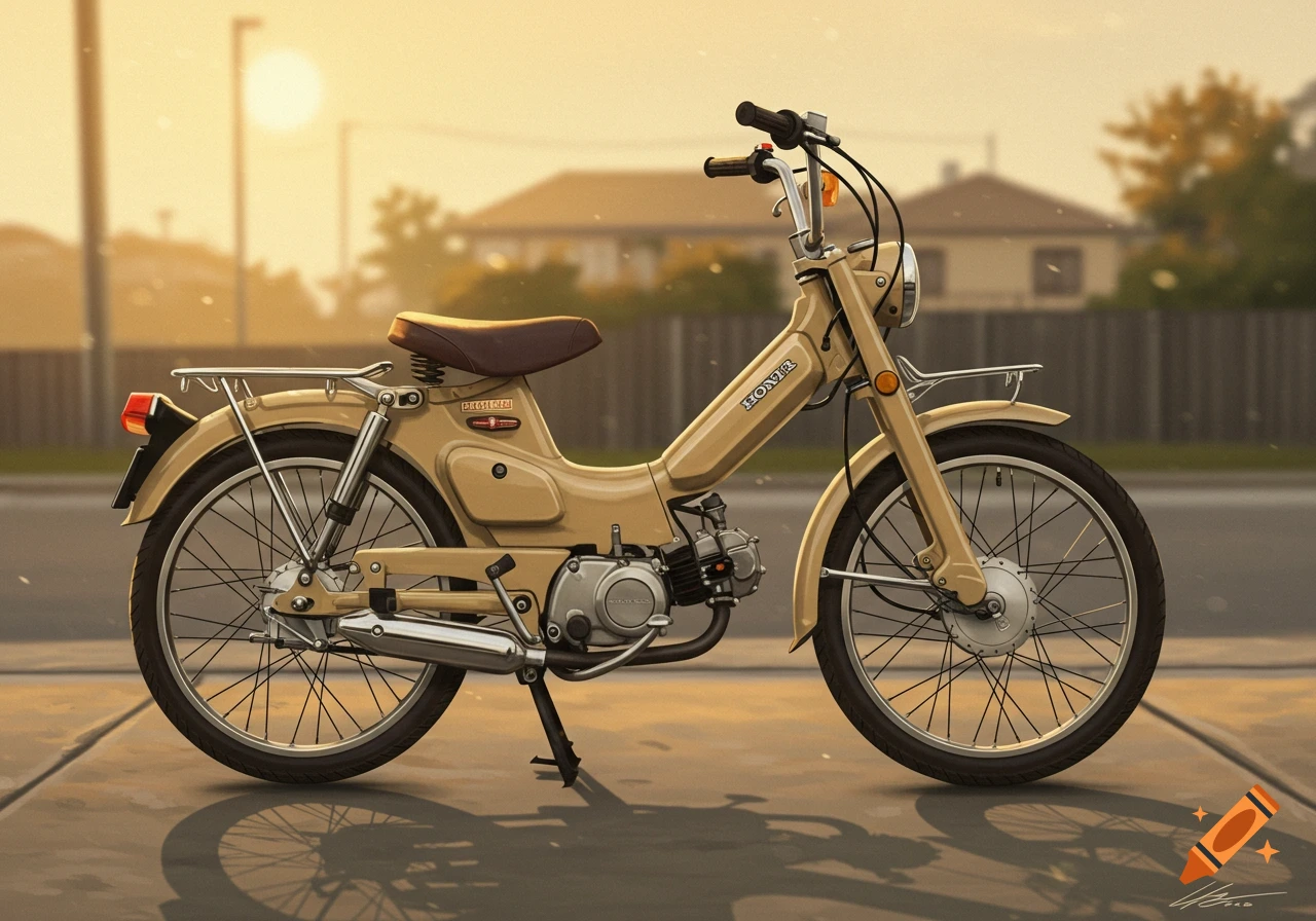 A beige vintage Honda moped is parked outdoors at sunset, casting a ...