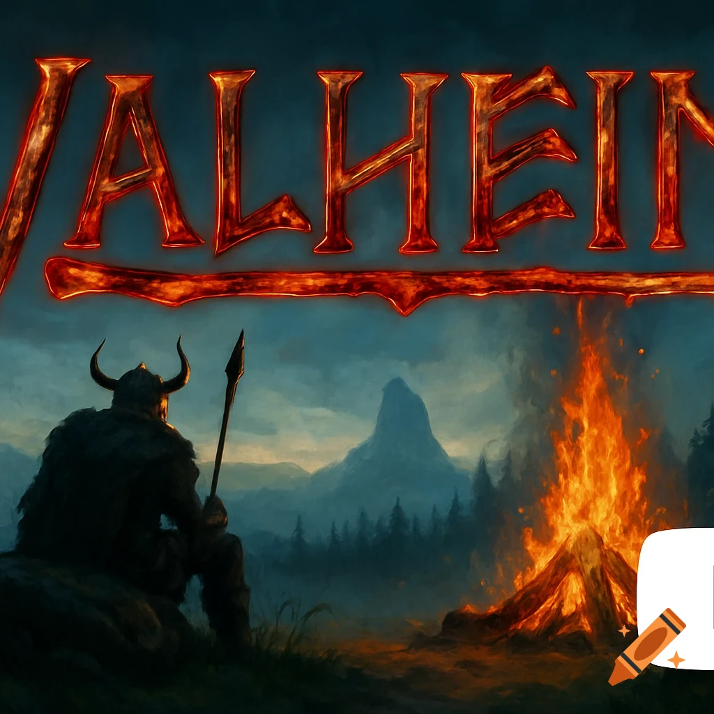 A Viking-like figure sits by a bonfire overlooking mountains, with ...