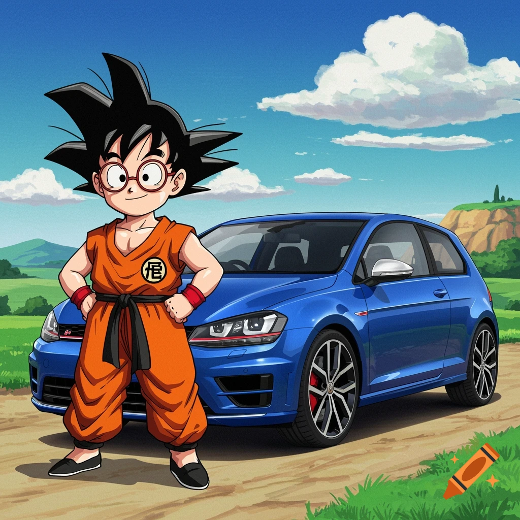 Kid Goku with glasses stands beside a blue Volkswagen Golf R in a ...