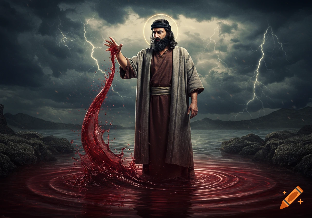 A hyper-realistic Moses stands in water, transforming it into blood ...