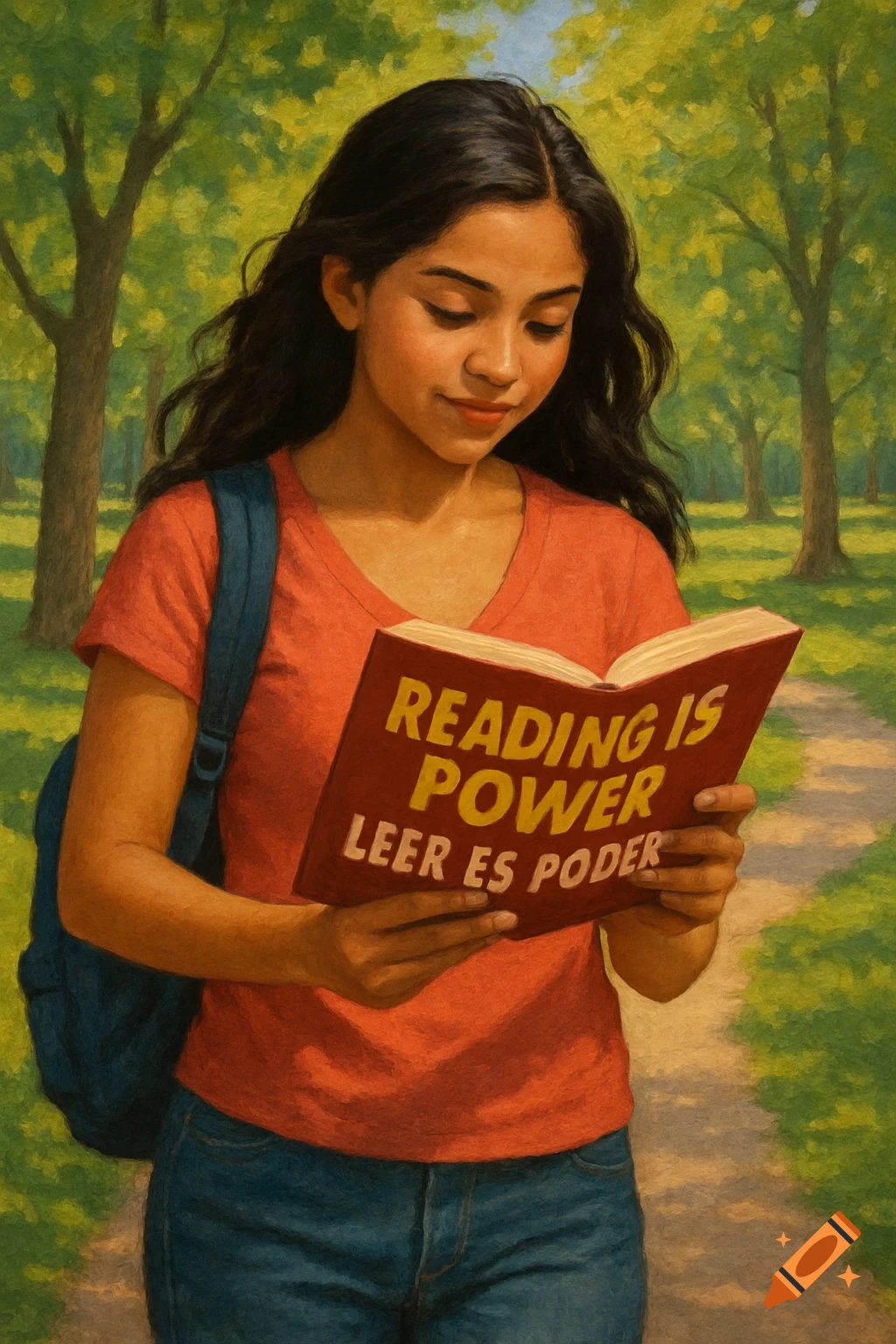 A young Latina woman reads a book titled 'Reading is Power | Leer es ...