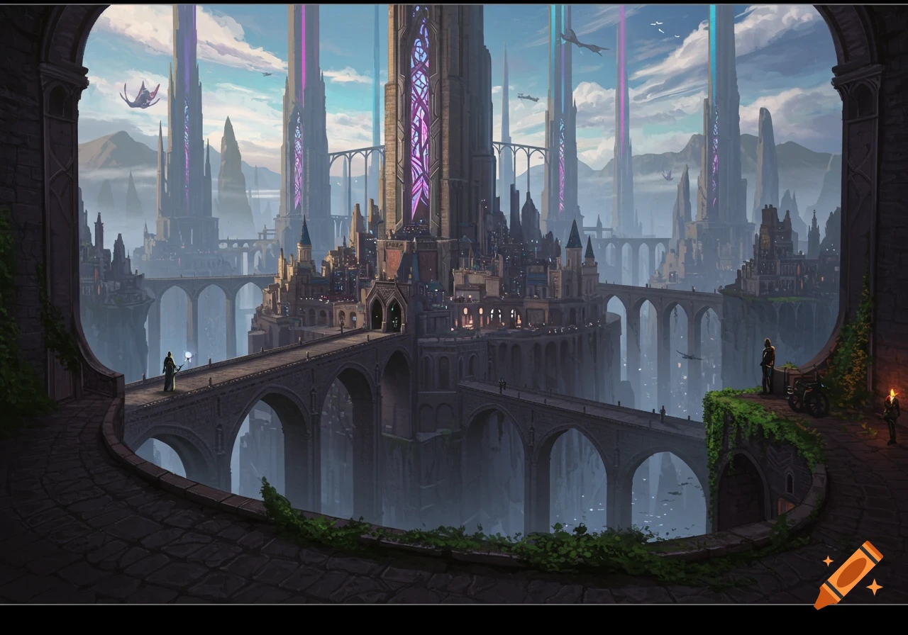 A majestic fantasy cityscape with towering spires, arched bridges connecting structures, and ...