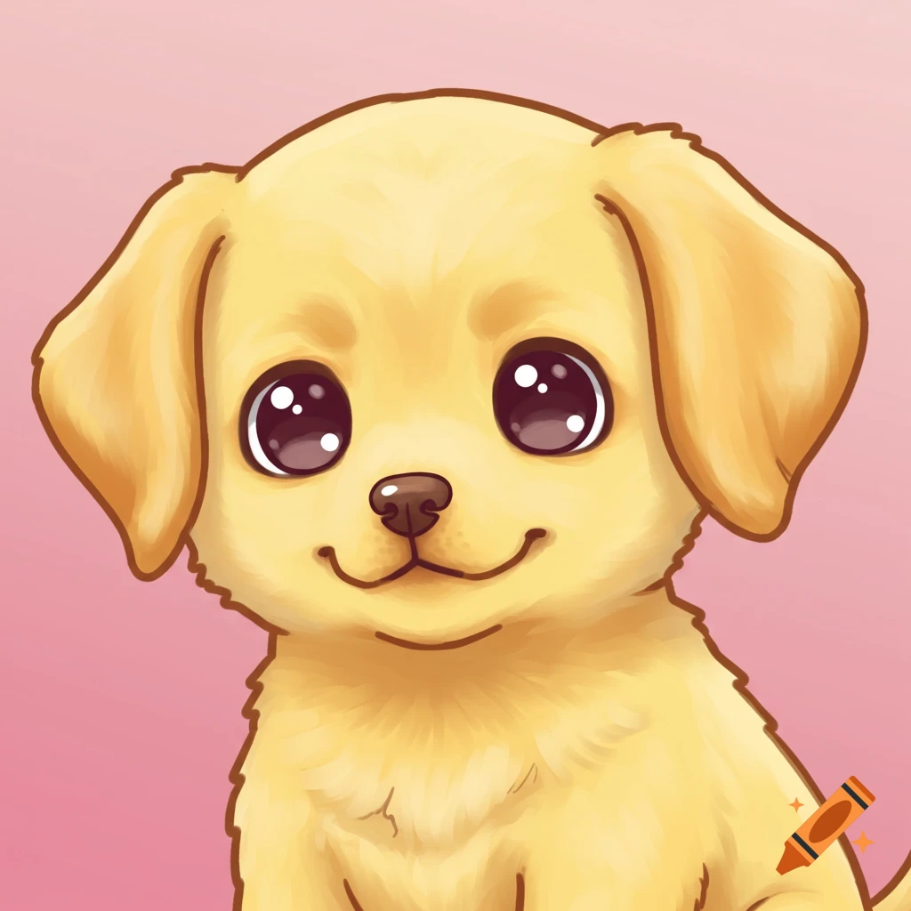 A cute cartoon yellow Labrador puppy with large, shiny eyes smiles ...
