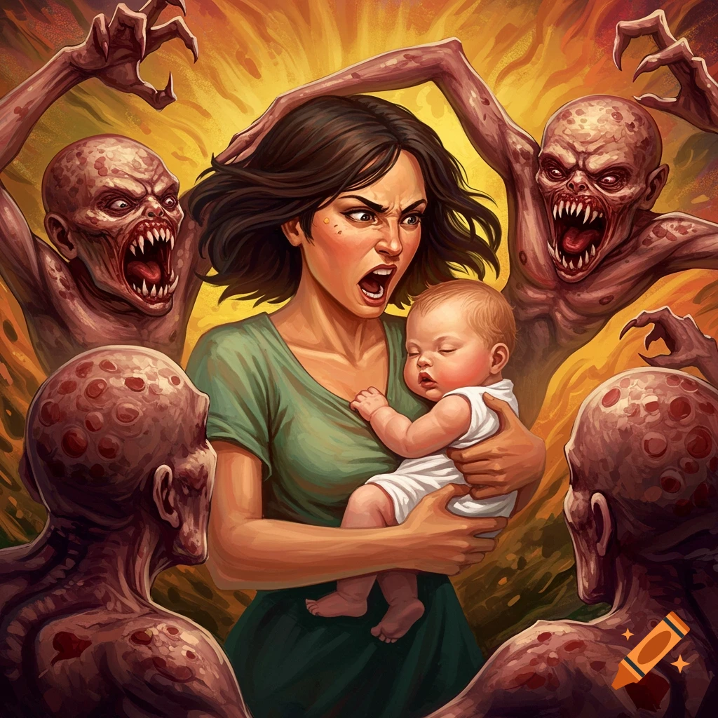 A fierce woman protects a baby from four snarling, zombie-like monsters ...