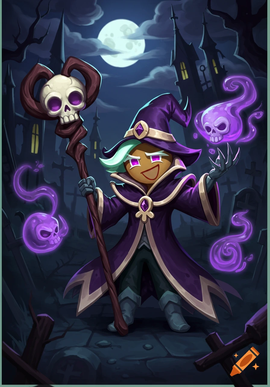 A cartoon cookie necromancer with a staff conjures purple ghost skulls ...