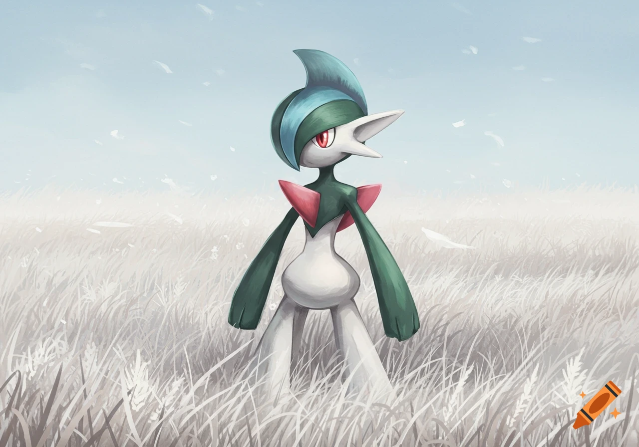 Gallade, a green and white Pok type, stands in a field of pale, wintry ...