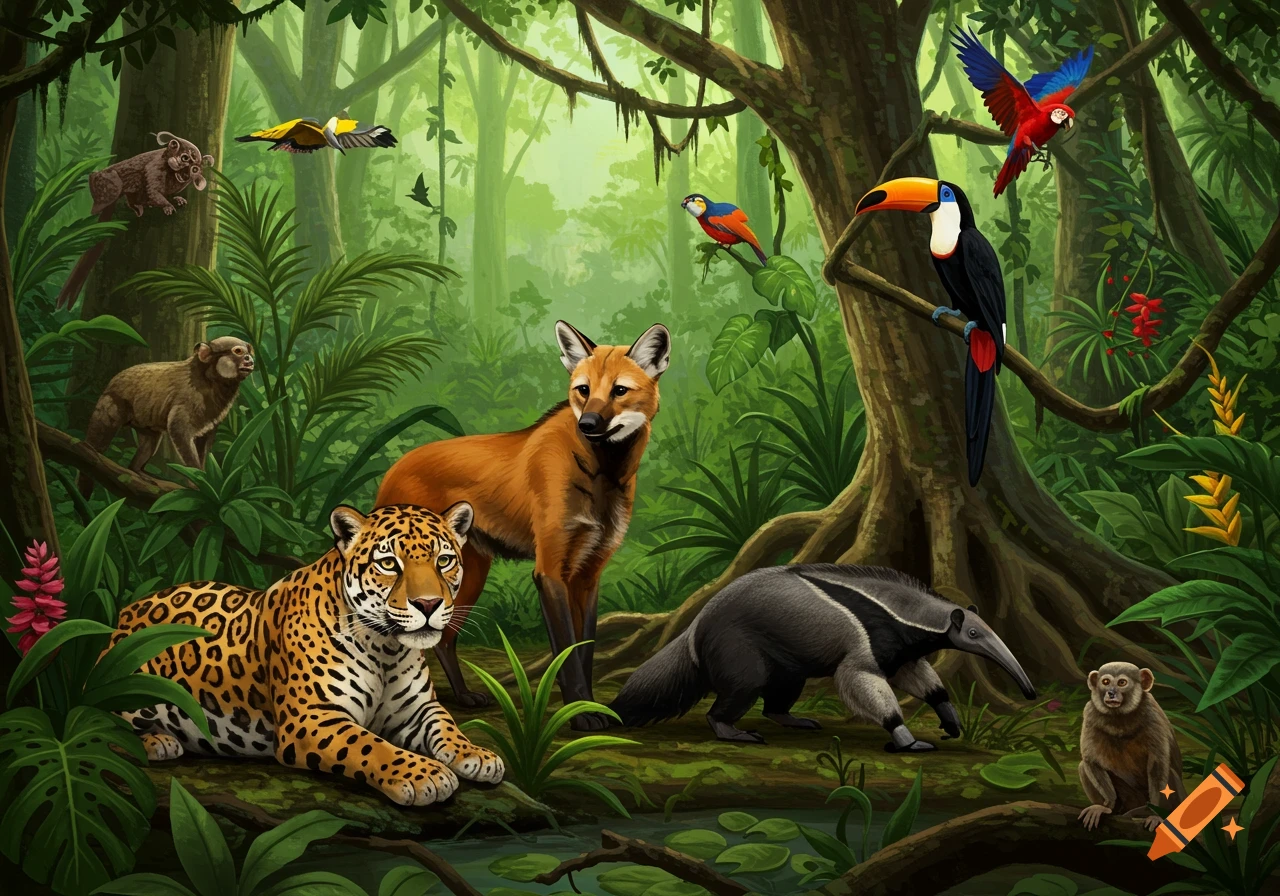 A vibrant illustration of a lush Amazonian rainforest with a jaguar ...