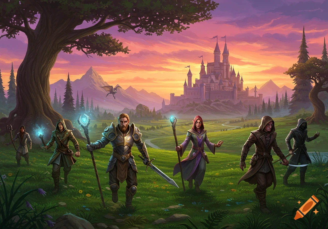 A group of fantasy adventurers with swords and staffs walks through a ...
