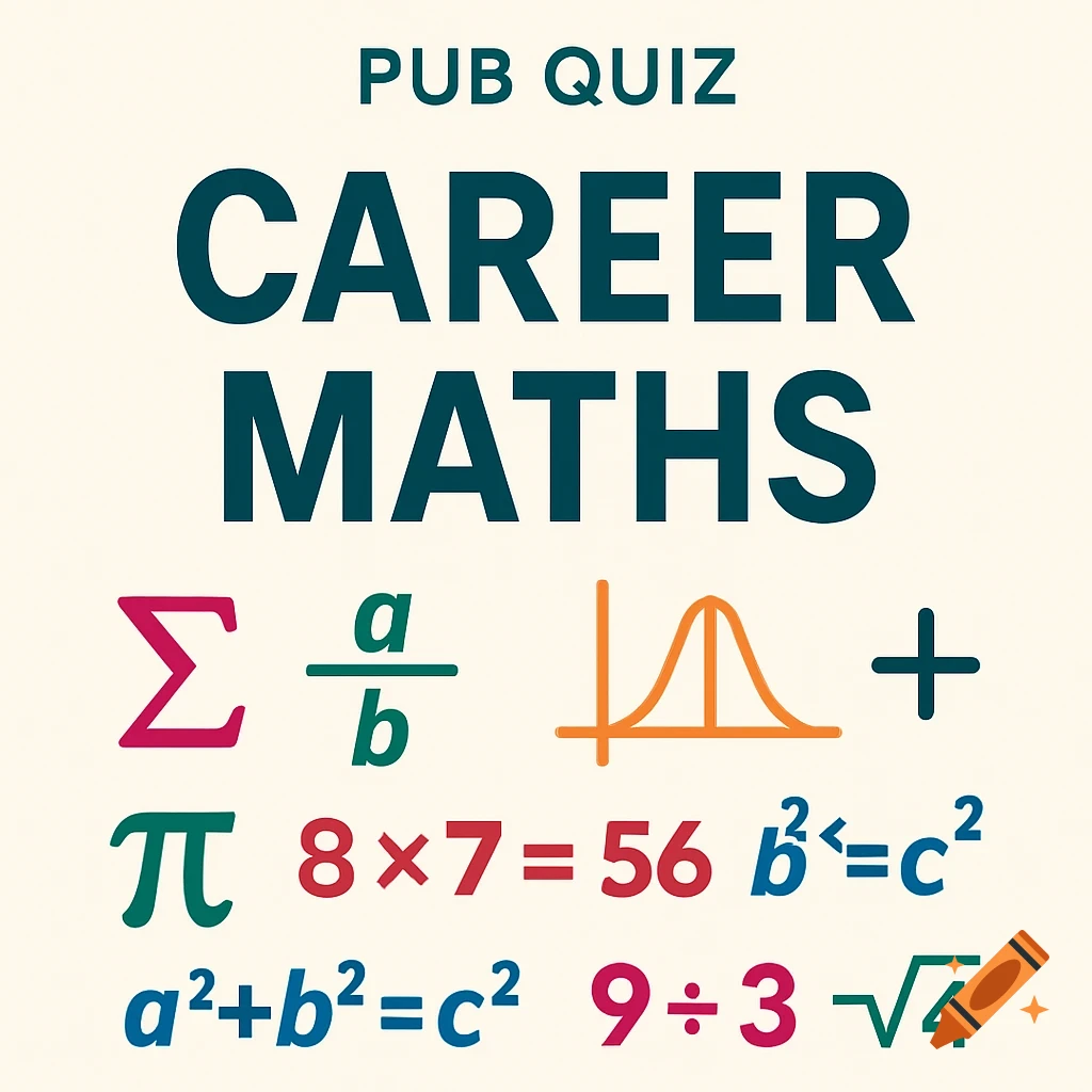 A title page for a pub quiz with the words 'PUB QUIZ' and 'CAREER MATHS ...