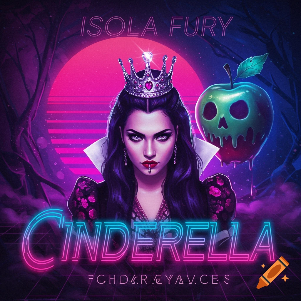 Synthwave album cover featuring a dark queen with a crown, a glowing ...