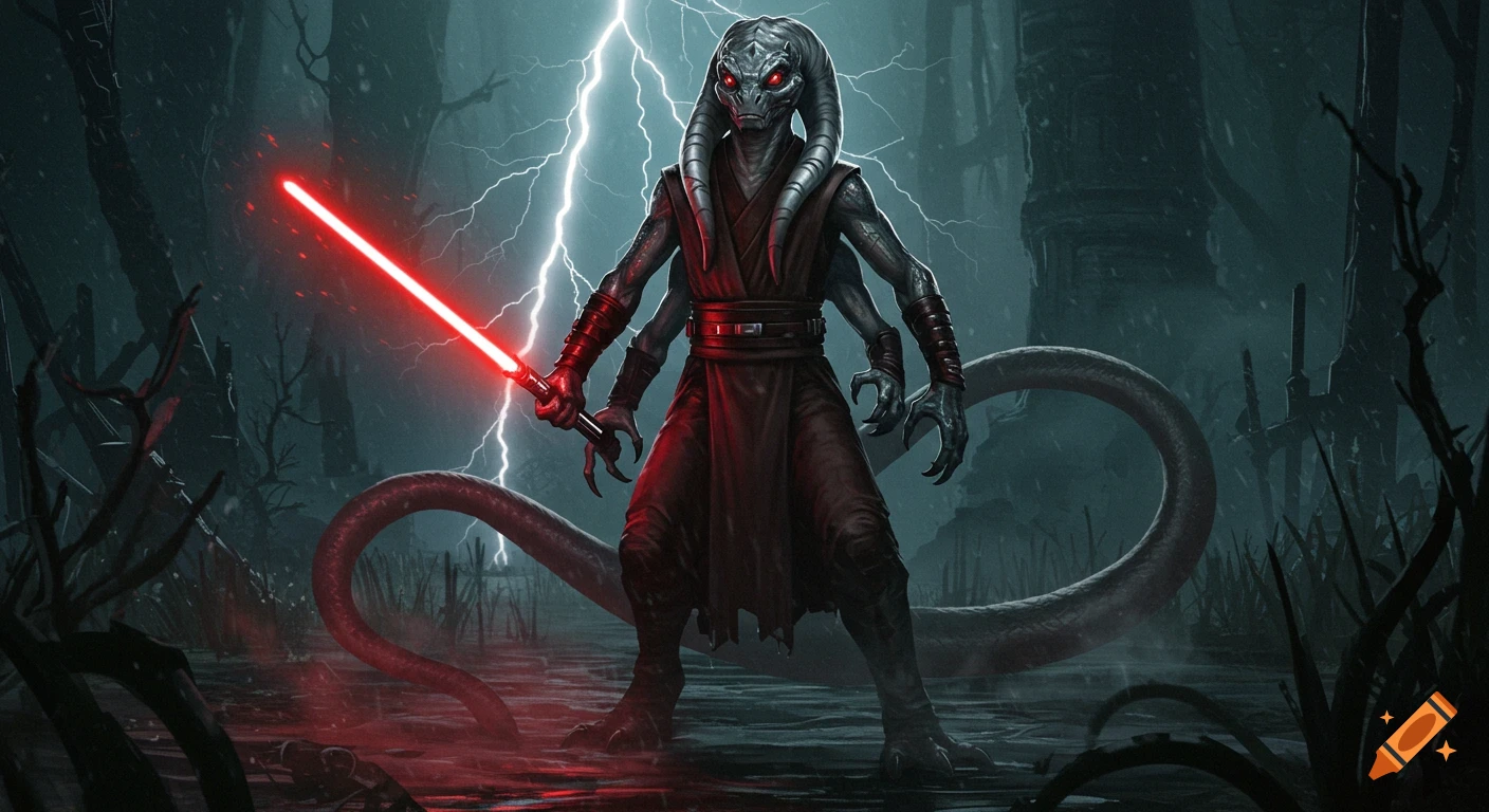A four-armed, serpentine alien Jedi Master with red eyes holds a ...
